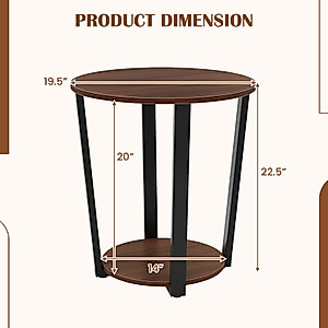 Giantex Round End Table Set of 2, 2-Tier Side Sofa Table with Open Storage Shelf and Metal Frame, Industrial Nightstand Bedside Table for Living Room, Bedroom, Small Space, Accent Furniture, Walnut
