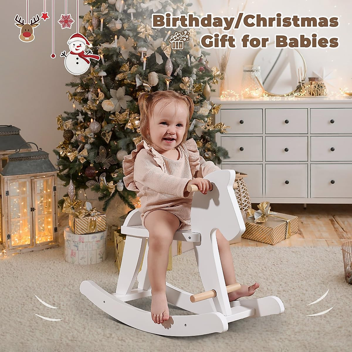 labebe - Wooden Rocking Horse, Baby Wood Ride On Toys for 18 Months Up, White Rocker Toy for Kid, Toddler Ride Animal Indoor/Outdoor, Boy&Girl Rocking Animal, Infant Ride Toy, Christmas/Birthday Gift