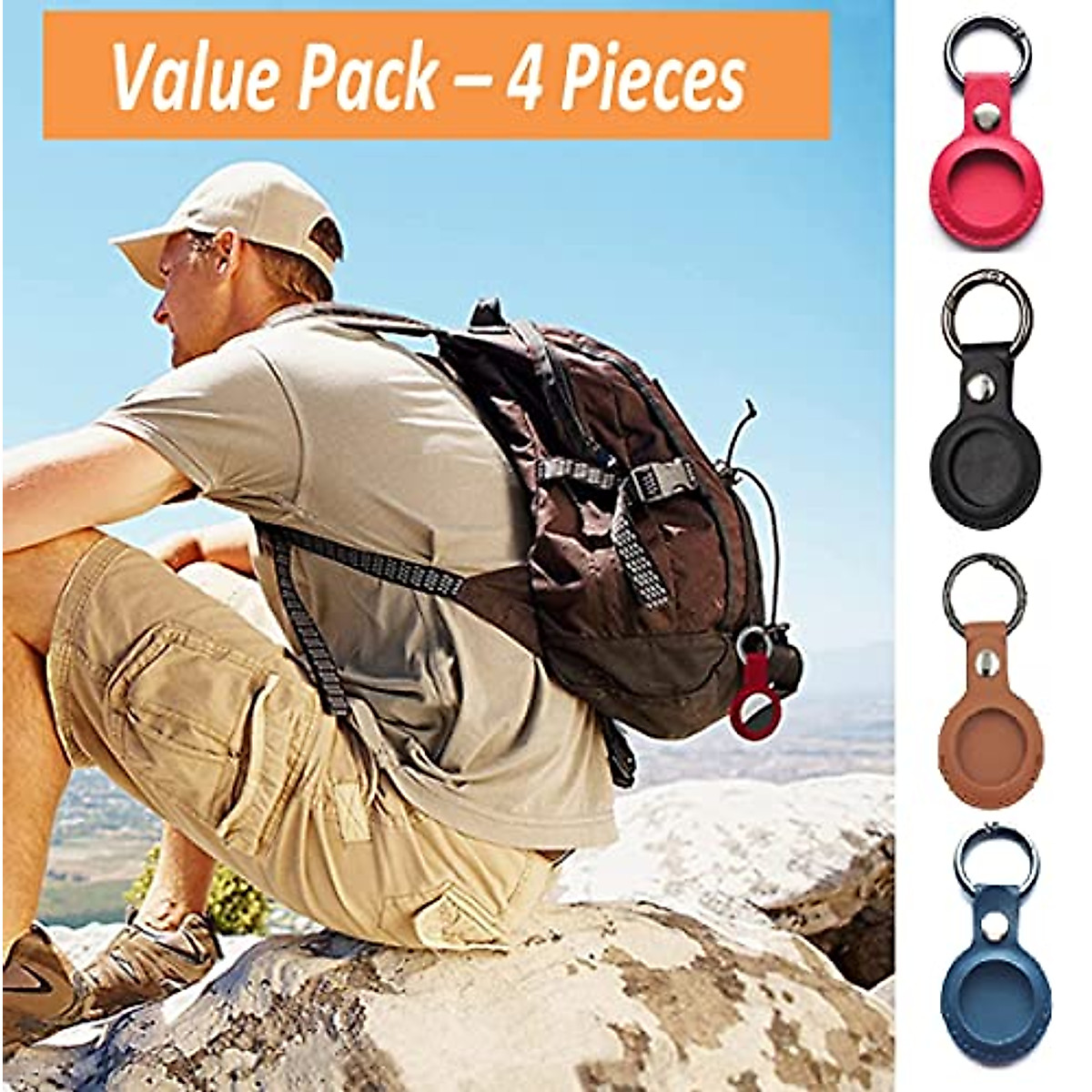 AirTag Keychain Holder Leather Case - Value Pack 4 Pcs Apple Air Tag Holder Key Ring Compatible for Anti-Lost Full Signal Tracking Locator Child & Elder Positioning Finder & Dog Collar by G2eComme