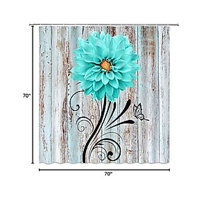Teal Dahlia Floral Shower Curtain Daisy Flower Butterfly Country Farmhouse Rustic Turquoise Wooden Board Plank Barn Door Bathroom Decor Accessories Polyester Fabric Set with 12 Hooks 70 X 70 in