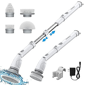 Electric Spin Scrubber, Voweek Power Scrubber with 4 Replaceable Brush Heads and Adjustable Extension Arm, Cordless Household Cleaning Brush for Bathroom Tub Tile Floor
