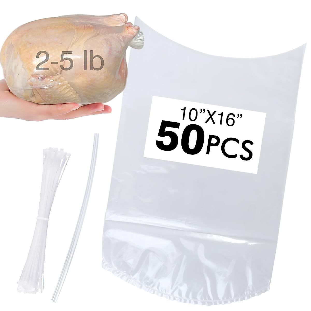 Anmboor Poultry Shrink Bags, chicken bag, 50Pack 10x16 Inches Clear Poultry Heat Shrink Wrap Freezer With 50 Zip Ties, a Silicone Straw for Chickens, Rabbits
