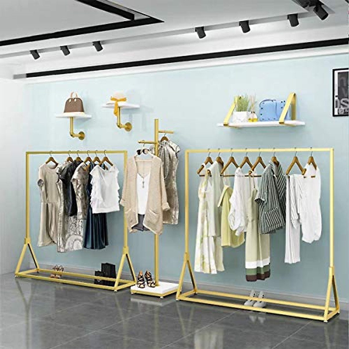 MDEPYCO Simple Fashion Rolling Garment Rack with Wheels,Commercial Grade Heavy Duty Metal Clothing Racks,Entryway Organizer Storage Shoes Bags Clothes Shelf (Gold Square Tube,47.2" L)