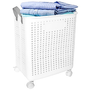 Collapsible Laundry Baskets With Wheels,Laundry Hamper,Foldable Rolling Laundry Basket Plastic With Handles& Breathable, 62L(16Gallon) White
