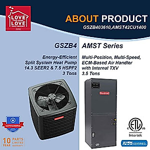 Goodman 3 Ton 14.3 SEER2 Energy-Efficient Single Stage Split System Heat Pump GSZB403610 and Multi-Positional Multi-Speed Air Handler AMST42CU1400 with Internal TXV