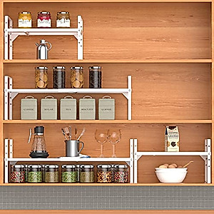 iPEGTOP Expandable Cabinet Storage Shelf Organizer Rack, Heavy Duty Steel Metal Spice Rack Adjustable Height Pantry Garage Shelf Space Riser for Counter Kitchen Organization, White, 1 Pack