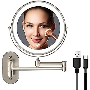 Rechargeable Wall Mounted Lighted Makeup Vanity Mirror 8 Inch Double Sided 1X 10X Magnifying Bathroom Mirror, 3 Color Lighting, Touch Screen Dimming, Extended Arm 360 Rotation Shaving Light up Mirror