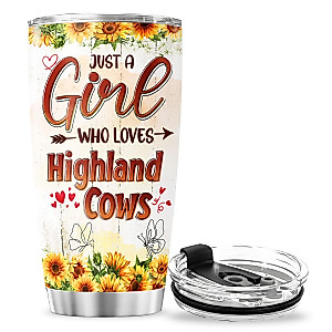 JENOIS Just A Girl Highland Cow, Tumbler 20 Oz With Lid And Straw, Highland Cow Gifts, Sunflower Flower Cups Floral