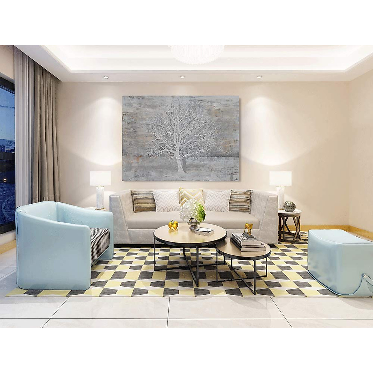 Yihui Arts Tree Of Life Canvas Wall Art Hand Painted Grey White Beige Paintings Modern Abstract Forest Pictures Artwork for Living Room Bedroom Office Decoration