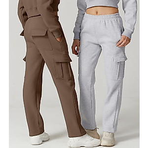 QINSEN Medium Waist Sweatpants for Women Baggy Fit Casual Long Pocket Cargo Pants Brown S