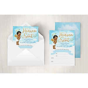 Heaven Sent Boy Baby Shower Invitation - African American Cute Clouds and Celestial Angel Baby Shower Invite - Twinkle Twinkle Little Star - 20 Fill-in Invitations and Envelopes