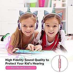 Unicorn Kids Headphones for Girls Children Teens, Wired Headphones for Kids with Adjustable Headband, 3.5mm Jack and Tangle-Free Cord, Over On Ear Headset w/Mic for School Birthday Xmas Unicorn Gift