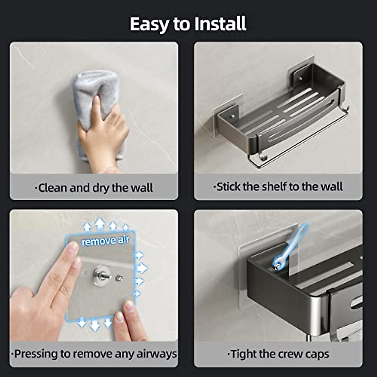 Mustorn Shower Shelves Adhesive Shower Caddy Gray Shower Organizer 2 Pack Shower Rack Rustproof Bathroom Shelf with Towel Bar and Removable Hooks