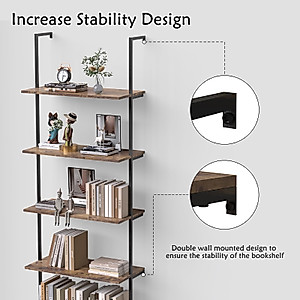 Dosker Bookshelf 5-Tier Industrial Ladder Shelf,Brown Shelves Wall Mounted Bookshelf Open Storage Rack Display Shelf Plant Stand for Living Room Kitchen Home Office Bedroom