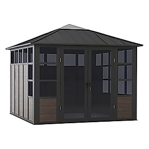 Sunjoy Outdoor Sunroom 11 ft. x 11 ft. Black Hardtop Gazebo, Rust-Resistant Aluminum Sunroom Multipurpose Studio/Hot Tub Shelter with PC Board Skylight and Mute Lock Doors by SummerCove