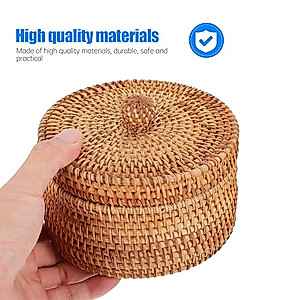 Abaodam Rattan box Small Round Basket Small Wicker Basket with Lid Rattan Storage Basket Box Boho Straw Fruit Snacks Basket for Home Bathroom Shelf Decor