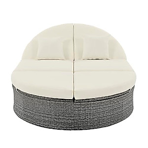 EOVTK Outdoor Rattan Daybed, Multifunctional 2-Person Sun Bed with Cushions and Pillows, Wicker Reclining Chaise Lounge with Adjustable Backrests and Foldable Cup Trays for Lawn, Poolside, Beige