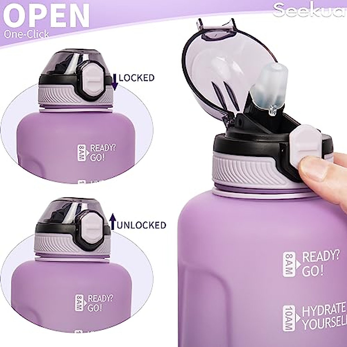 Seekua Large Tritan Water Bottle with Straw & Time Marker, Motivational Half Gallon Daily Drinking Water Bottle with Strap Big Water Jug for Sports, Gym, Fitness, Travel, 2 Lids, 64 oz