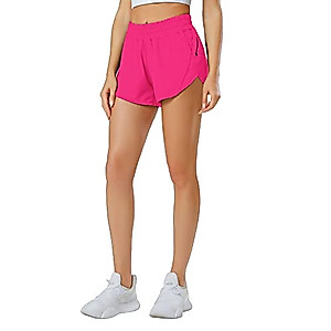 Aurefin Athletic Shorts , Women's Quick Dry Running Track Workout Active Shorts with Elastic and Zip Pocket 2.5 inch HOT Pink/S