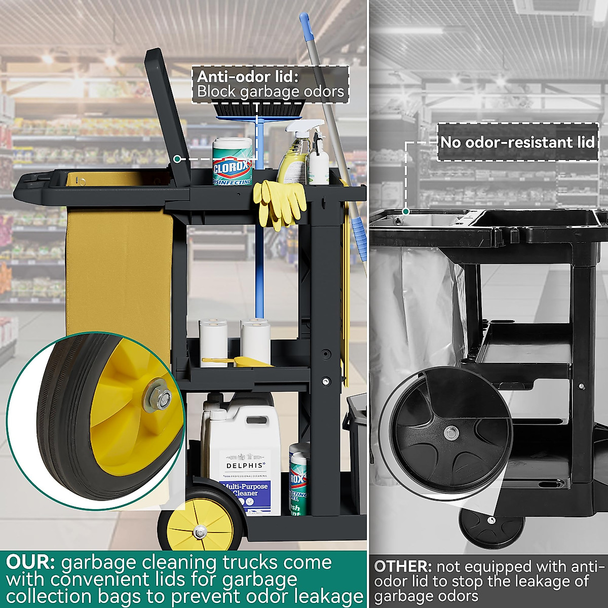 YITAHOME Cleaning Carts on Wheels, Janitorial Cart, 3-Shelf Commercial Traditional Plastic Housekeeping Cart, with 2 Yellow 25 Gallon Vinyl Bag and Pair of Rubber Gloves, Black