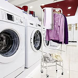 Rolling Laundry Hamper Basket Cart with Wire Storage Rack and Hanging Rack White