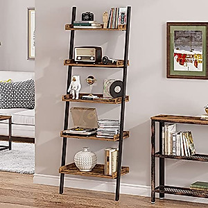 Rolanstar Bookshelf 5-Tier, Open Wall Mount Ladder Bookshelf, 72.8’’H Industrial Etagere Bookcase, Freestanding Bathroom Storage Rack Plant Stand for Living Room, Bedroom, Office, Rustic Brown