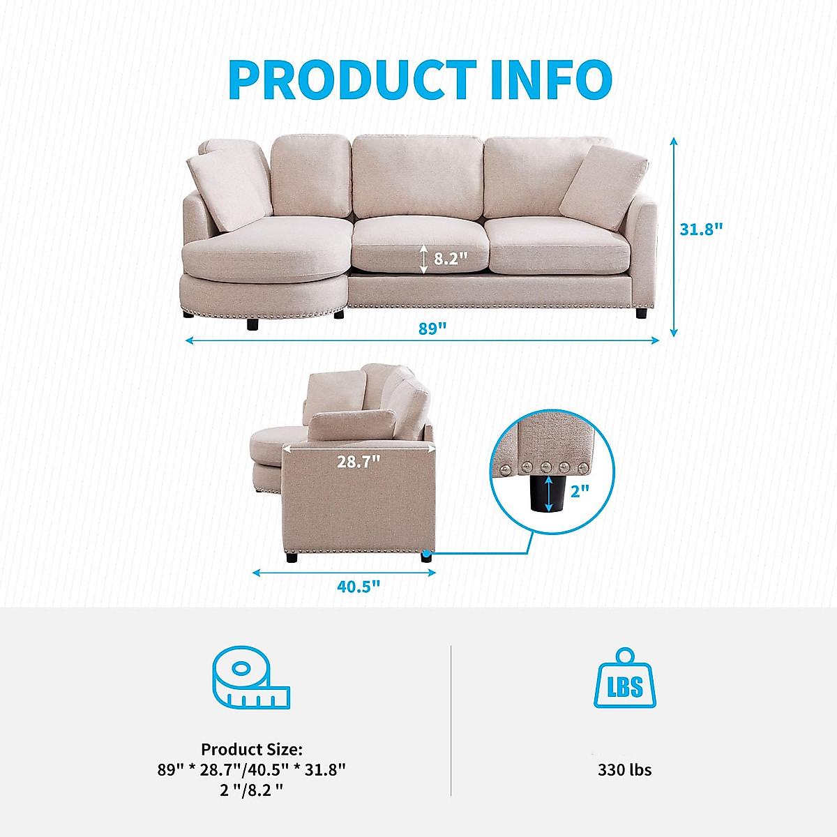 Mjkone Curved Small Cloud Couch, 3-Seat Living Room Minimalist Style Comfy Sectional Sofa, Modern Linen Fabric L Shaped Sofa Couch with Chaise for Apartment Office, Beige