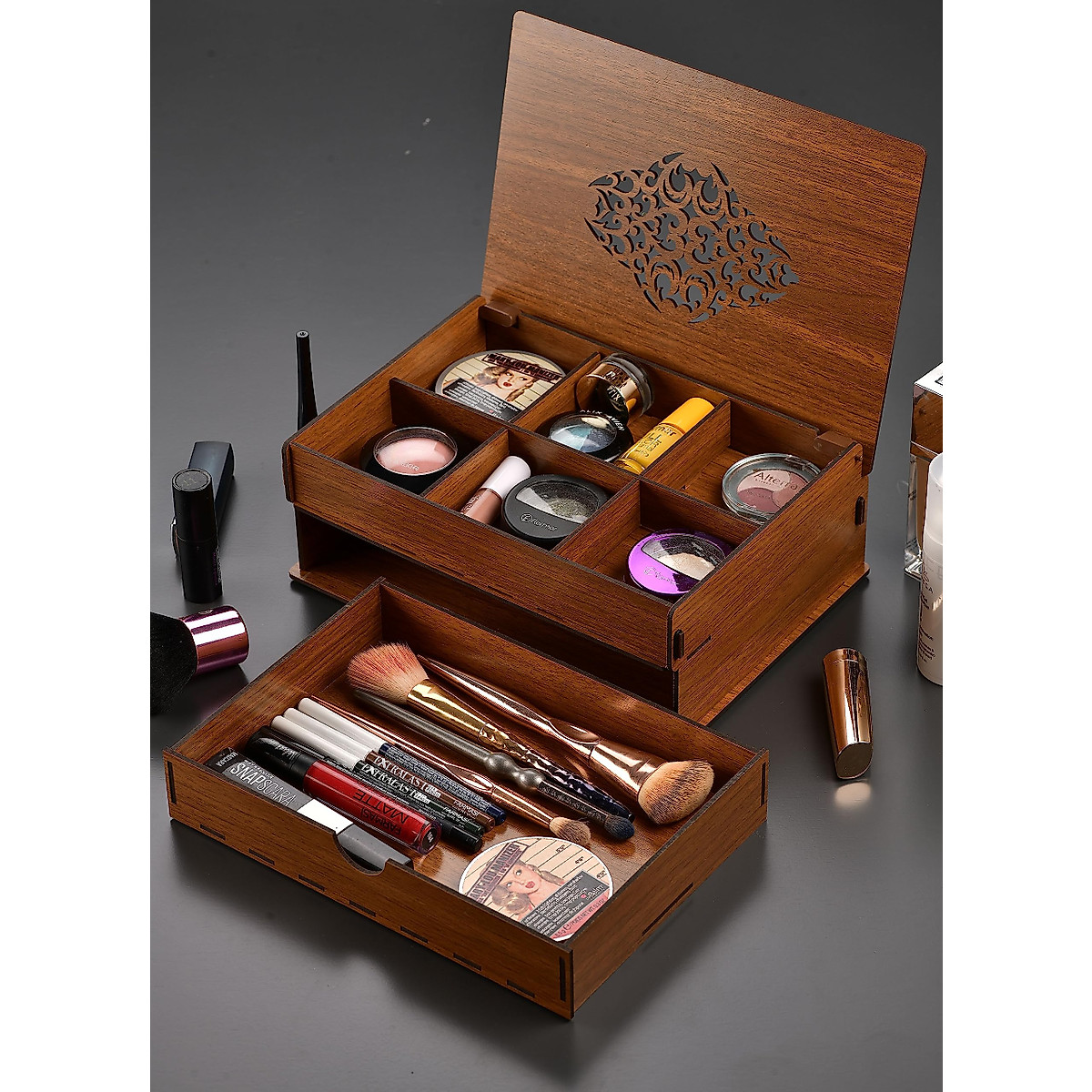 Reynoon Jewelry Box Organizer - Wood (Hard MDF) Jewelry Holder, 2 Layer, 6 Compartment, 1 Drawer Stackable Design, Wooden Jewelry Box Gift, Storage Case for Rings, Earrings, Necklaces, Bracelets