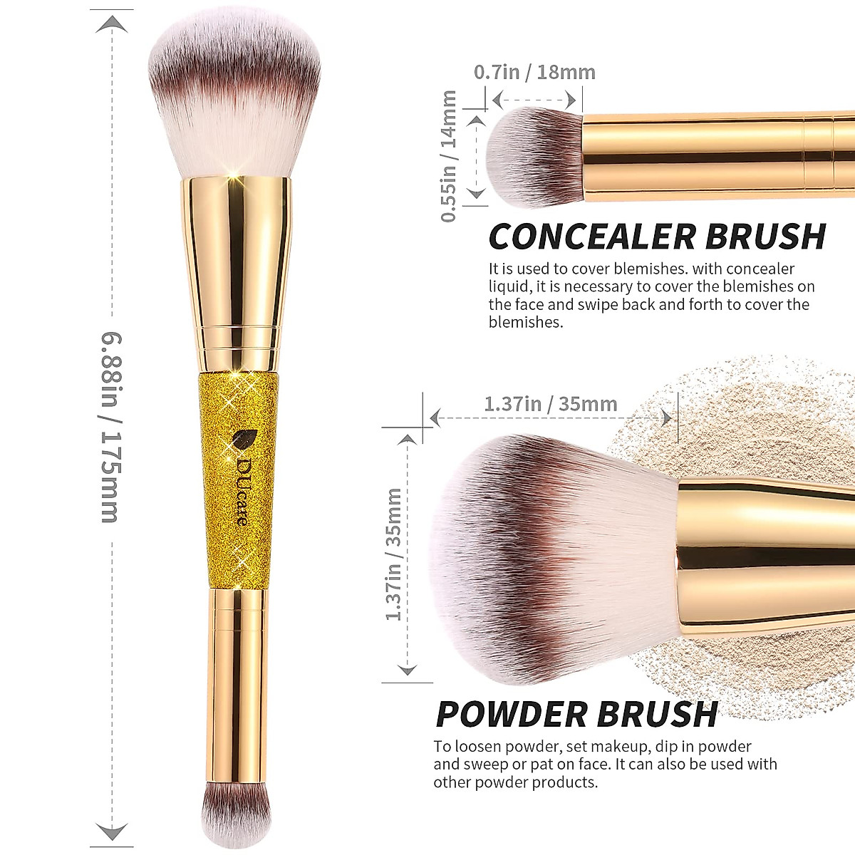DUcare Makeup Brushes Double Ended Foundation Powder Brush Concealer Brush Perfect for Rounded Taperd Liquid, Cream, Powder,Blending, Buffing