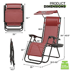Magshion Zero Gravity Lounge Chair with Canopy, Outdoor Foldable Patio Reclining Chair with Side Tray, Adjustable Anti-Gravity Recliner with Headrest, Folding Lounger for Lawn Camping Beach, Maroon