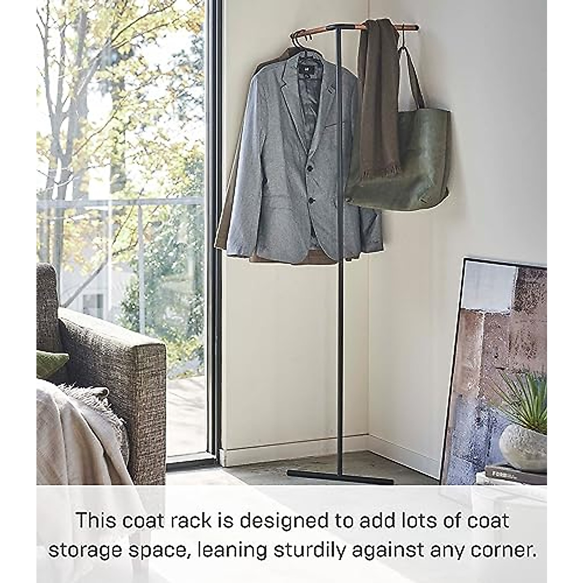 YAMAZAKI Home Tower Magnetic Entryway Organizer For Umbrellas Or Bags, Mudroom Wall Storage With Tray And Wooden Dowel, 63" - Steel + Wood