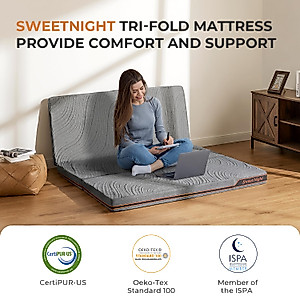 Sweetnight Trifold Mattress with Carry Bag - 4 Inch Portable Floor Mattress with Breathable & Washable Cover | Foldable Mattress Topper for Travel, Camping, Guest Grey Full