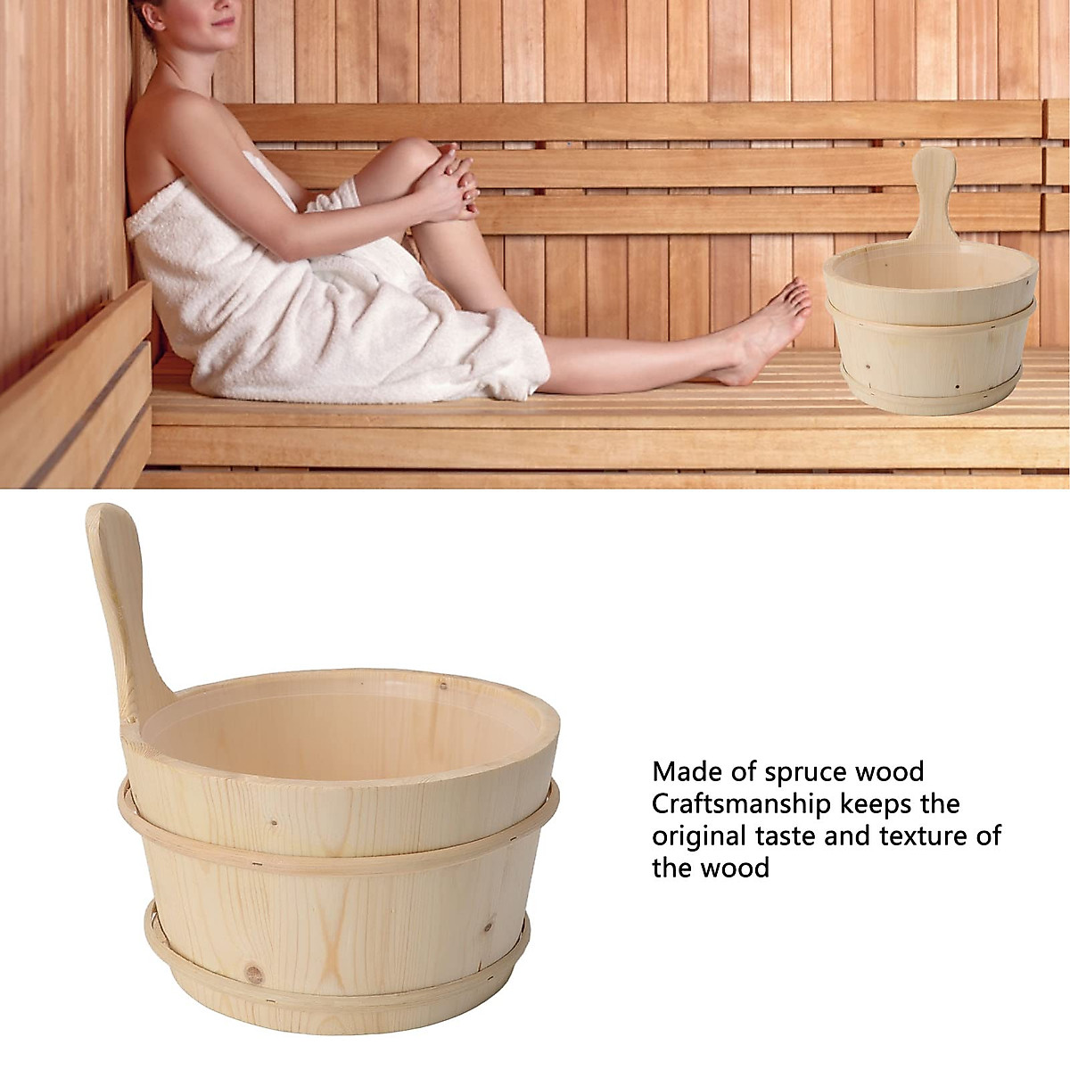 UPQRSG Sauna Bucket and Ladle, Wooden Sauna Bucket Sauna Accessories for Men Women, SpruceHot Tub Barrel Sauna Sauna Spa Accessory with Plastic Liner