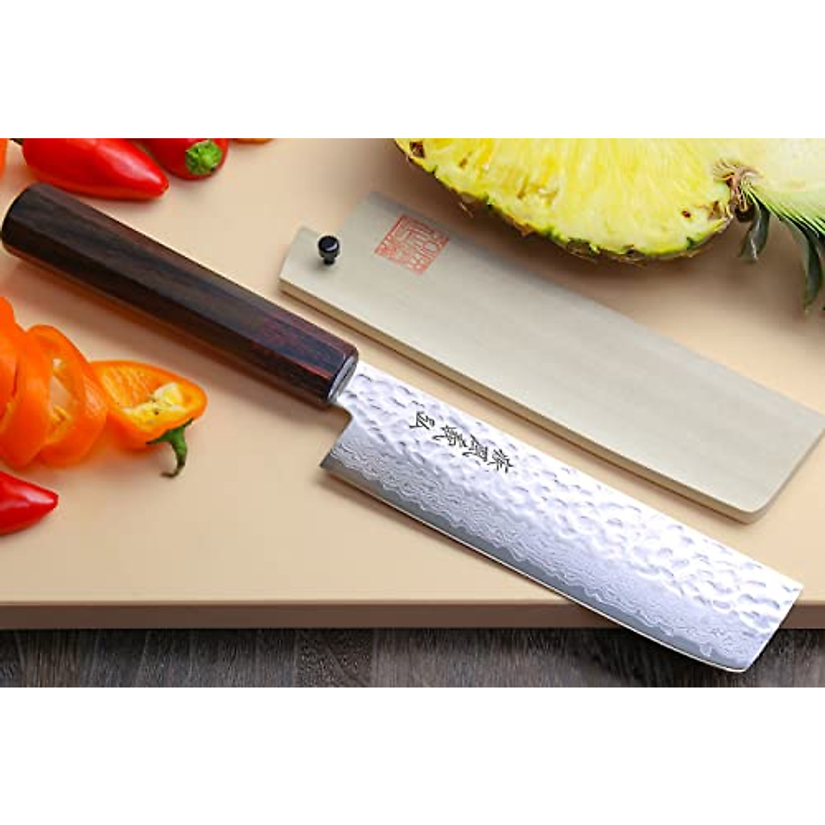 Yoshihiro VG-10 46 Layers Hammered Damascus Nakiri Japanese Vegetable Knife (6.5'' (165mm) Rosewood Handle)