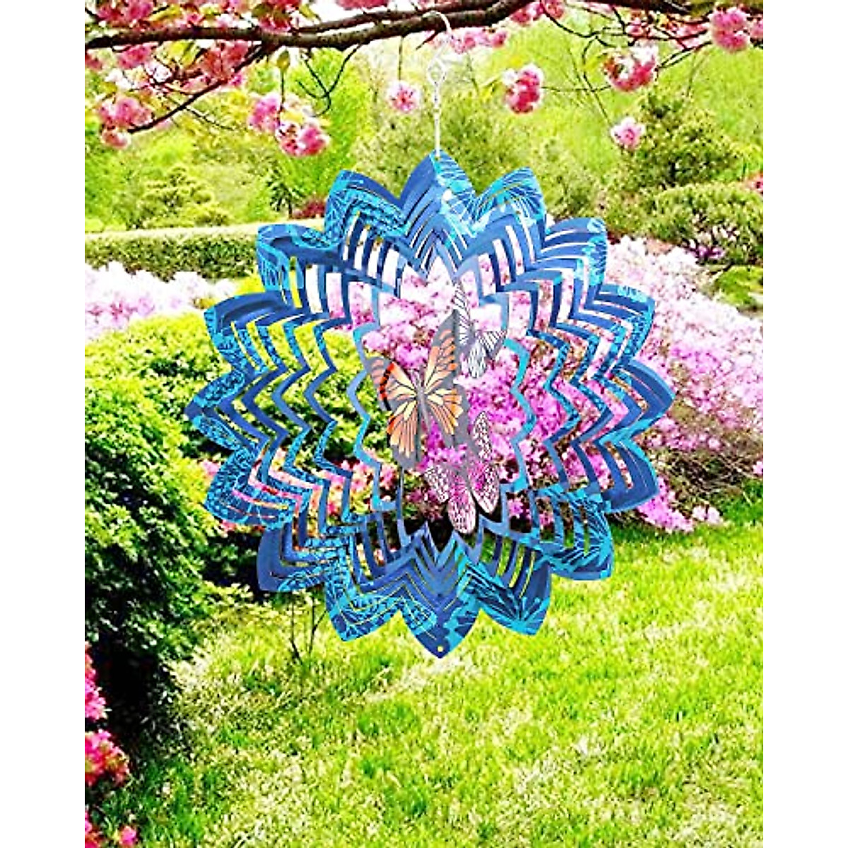 ABXKZ Kinetic Wind Spinners Outdoor Metal Large,3D Monarch Butterfly Garden Art Hanging Decor,12in Shiny Blue Wind Catcher Patio Ornament Gift,Stainless Steel Craft Sculpture Yard Decoration Clearance
