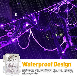 Halloween Decorations Spider Webs with 135 Purple Lights, 200" Triangular Huge Web, One Huge Spider, 20pcs Small Spiders and Extra Fiber for Outdoor Yard Decors