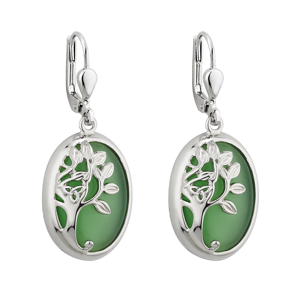 Biddy Murphy, Irish Family Tree of Life Earrings for Women, Rich Irish Green Gem Inlay, Silver Rhodium Plated, Celtic Jewelry, Balance, Harmony, Imported from Ireland