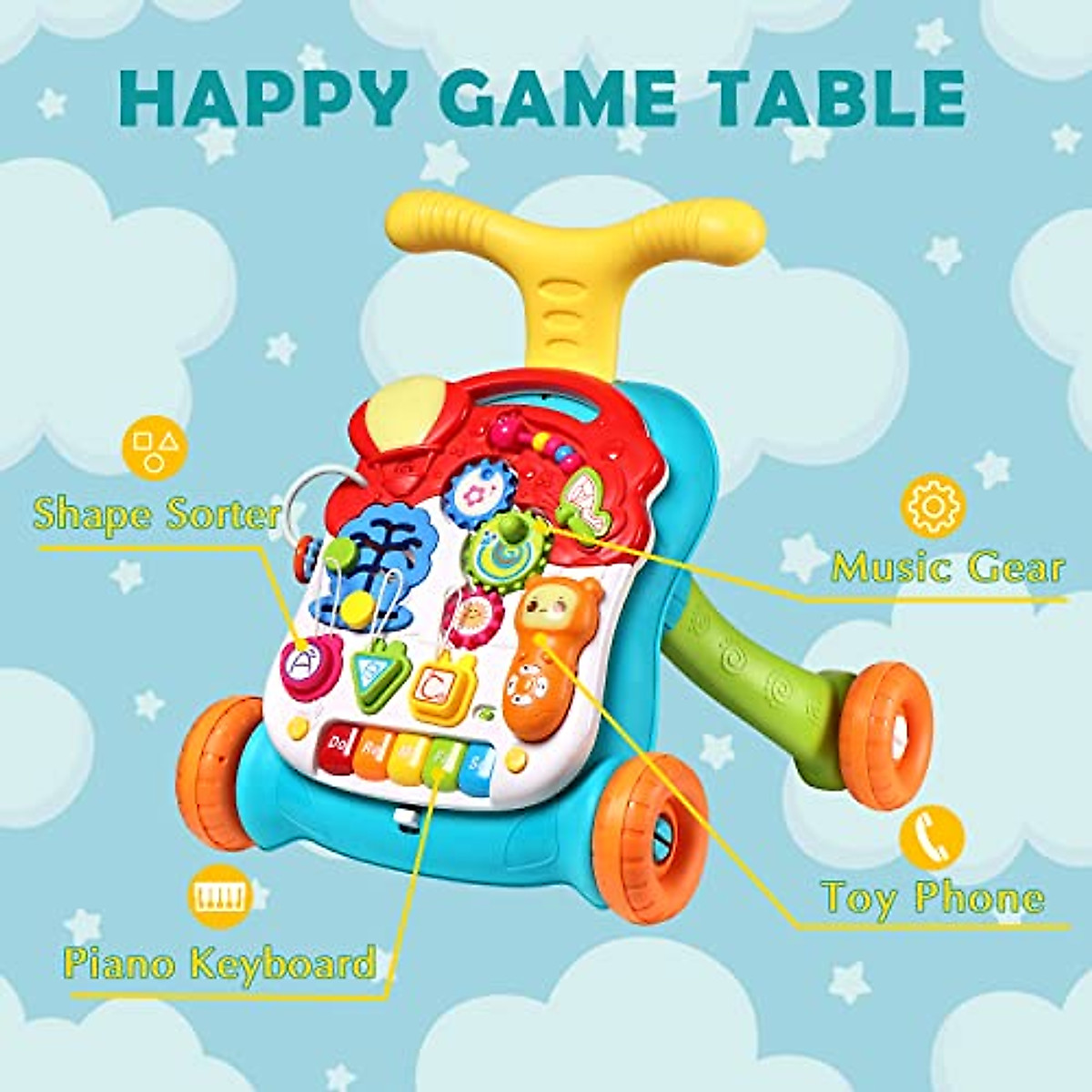 3 in 1 Sit to Stand Walker, Baby Push Walker with Musical Play Table, Speed & Height Adjustable Learning Walker for Baby for 12 Month and Up