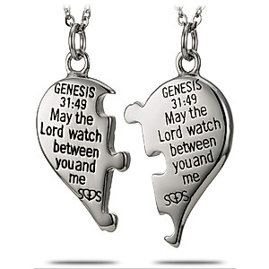 Stainless Steel Puzzle Piece Split Heart Necklace-Genesis 31:49