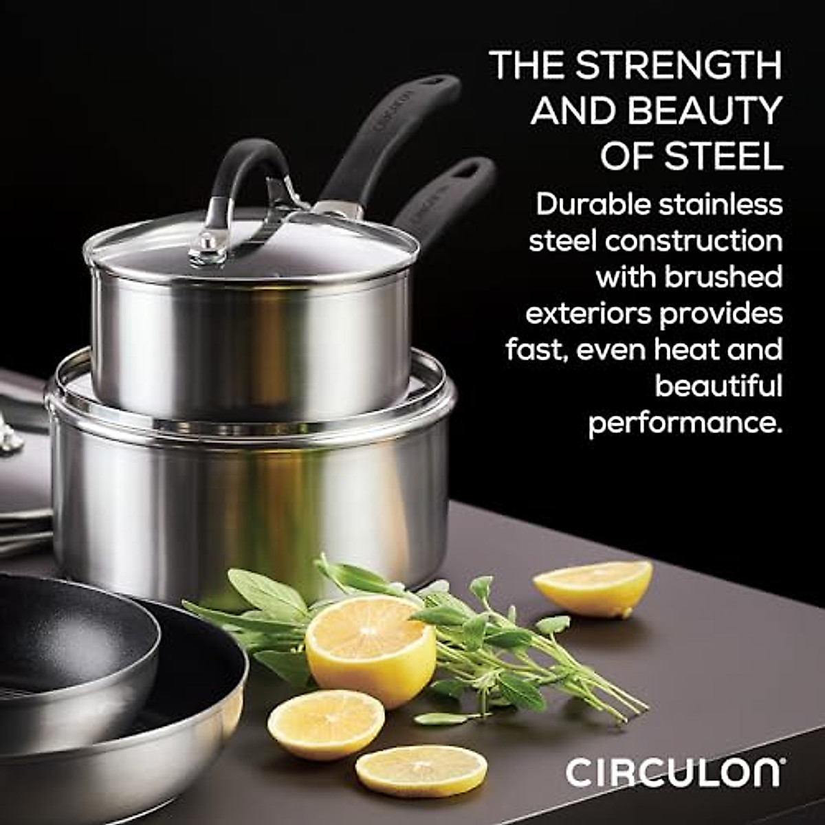 Circulon SteelShield Sauté Pan with Lid and SteelShield Hybrid Stainless and Nonstick Technology, 3 Quart - Stainless Steel