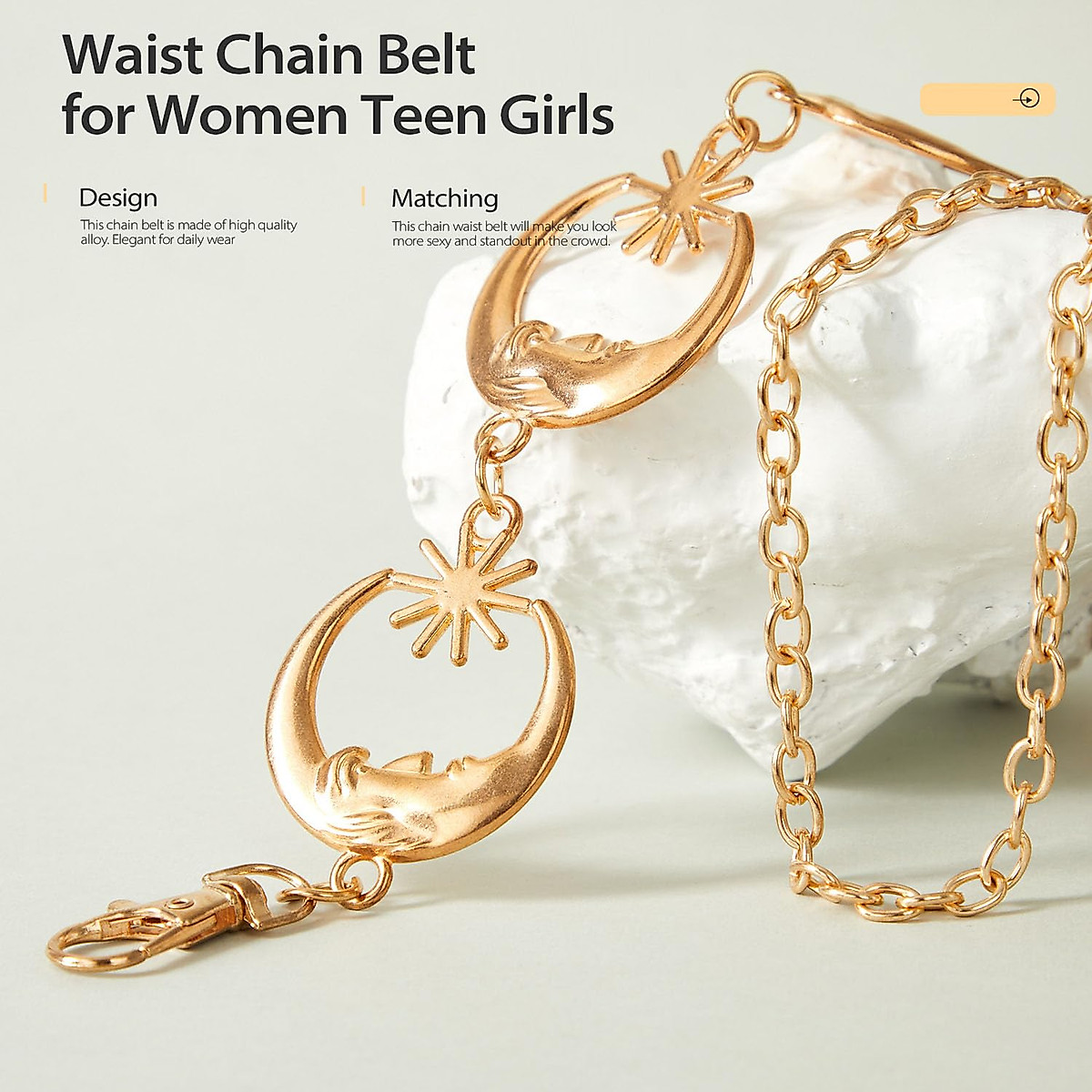 FIORETTO Chain Belt for Women Metal Belts Fashion Waist Belts for Dress Moon Star Gold Length 43in