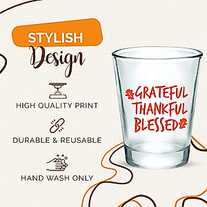 Grateful, Thankful,Blessed Thanksgiving Shot Glasses - Set of 12 Glass Turkey Day Holiday Drinkware - Fall Decor Drink Accessories with Double-Sided Prints - Novelty Home & Friends Giving