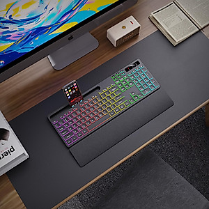 Soueto Wireless Keyboard with 7 Colors & 4 Modes RGB Backlit, Ergonomic Keyboard with Wrist Rest, Phone Tablet Holder, 2.4G Light Up Computer Keyboard with Numeric Keypad for Mac, Windows