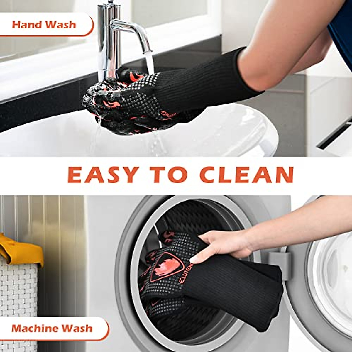 ELUTENG BBQ Long Gloves 1472℉ Heat Resistant Grilling Glove Silicone Non-Slip Oven Heatproof Longer Kitchen Washable Gloves for Barbecue, Cooking, Baking, Camping Fire Pit Black