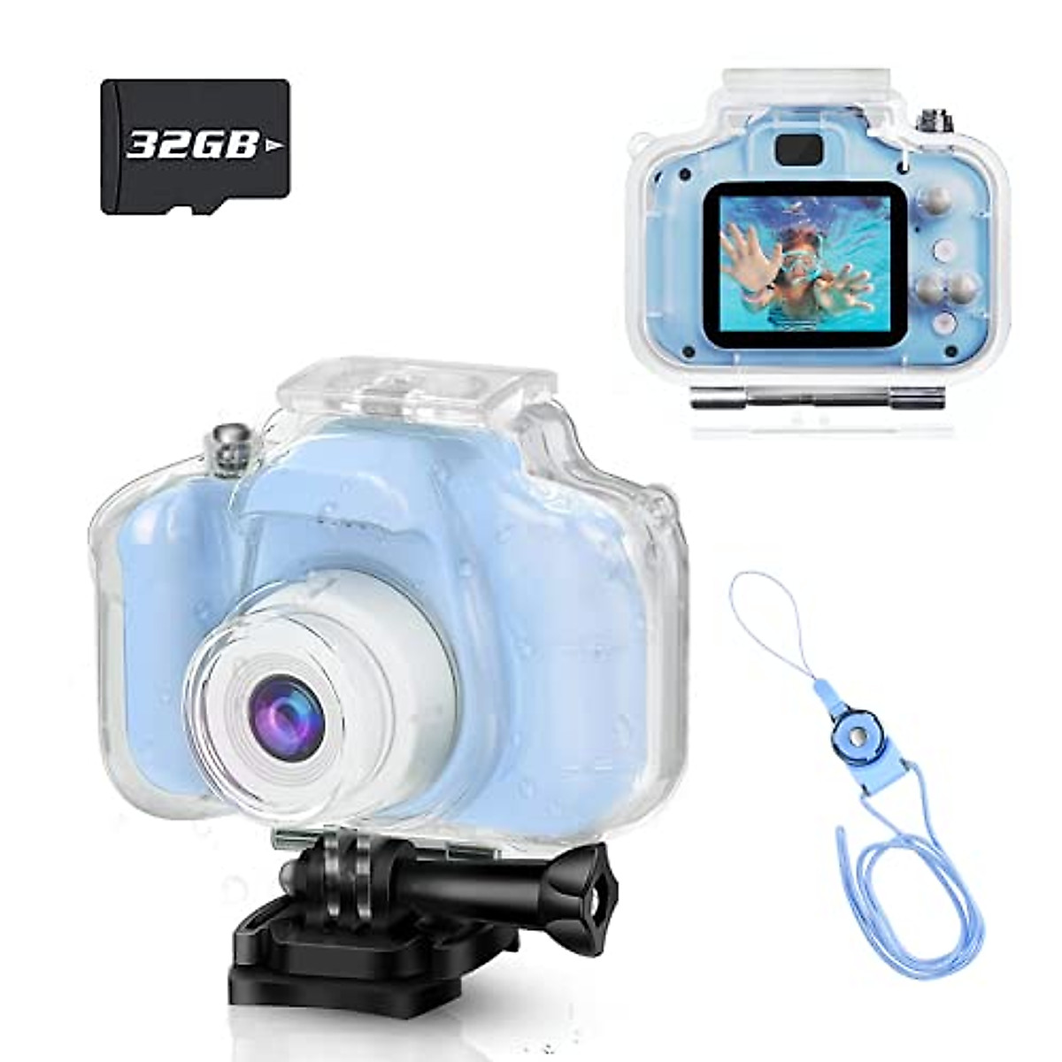 BKMLSR Kids Video Camera Waterproof 1080P HD 12MP Digital Children Action Cameras Toddler Camcorder with 32GB Card for 3-12 Years Old Girls Boys Christmas Birthday Gifts - Blue