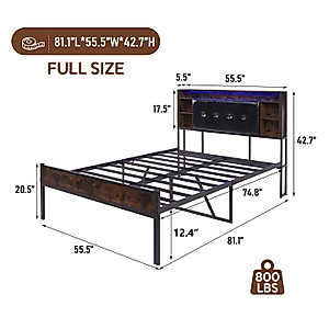 Full Size Bed Frames with Charging Station&LED Lights, Modern Metal Bed Frames with Upholstered Hidden Storage Headboard, Storage Space Under Bed, No Box Spring, Easy Assembly