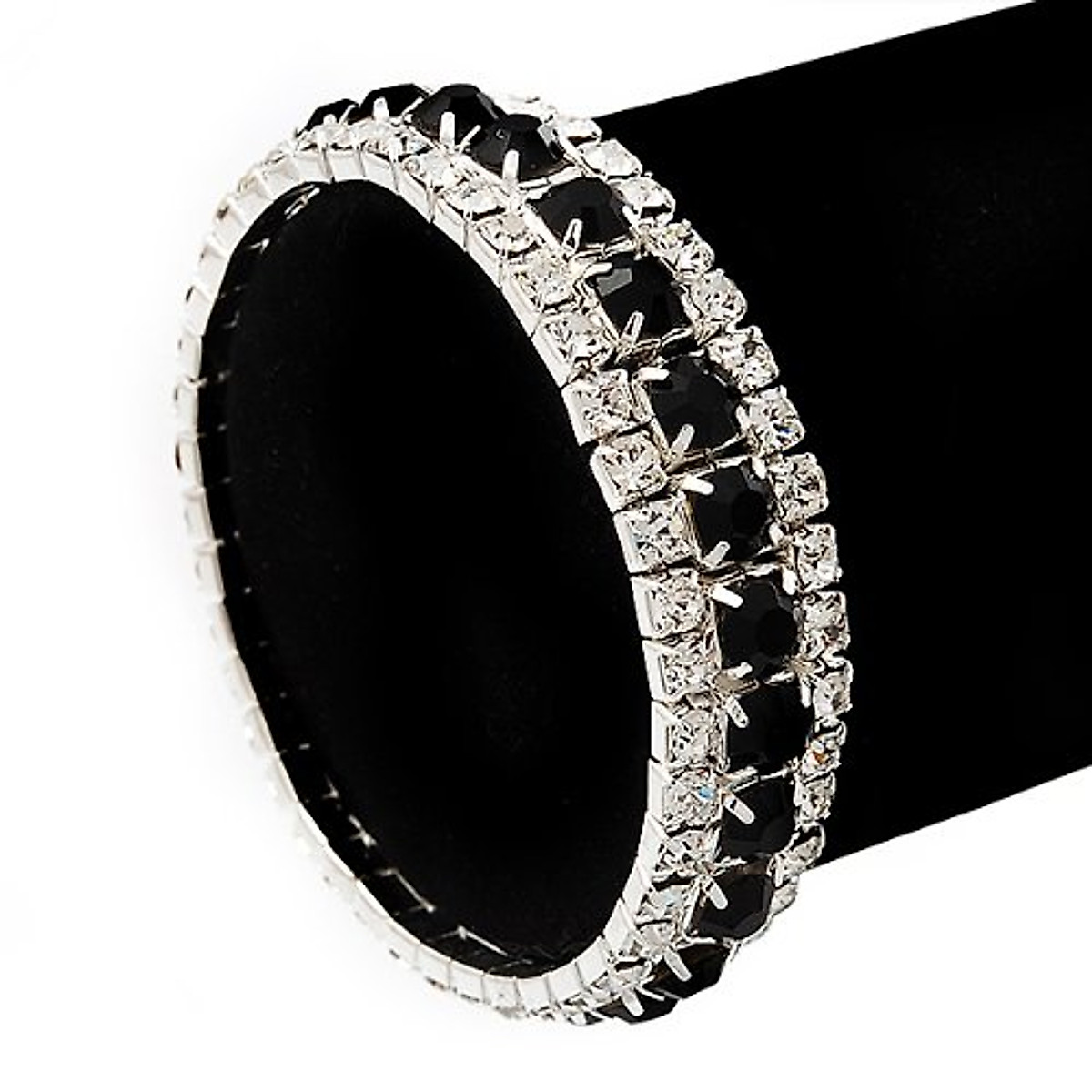 Avalaya Black & Clear Diamante Flex Bracelet (Silver Tone Metal) - 18cm Length