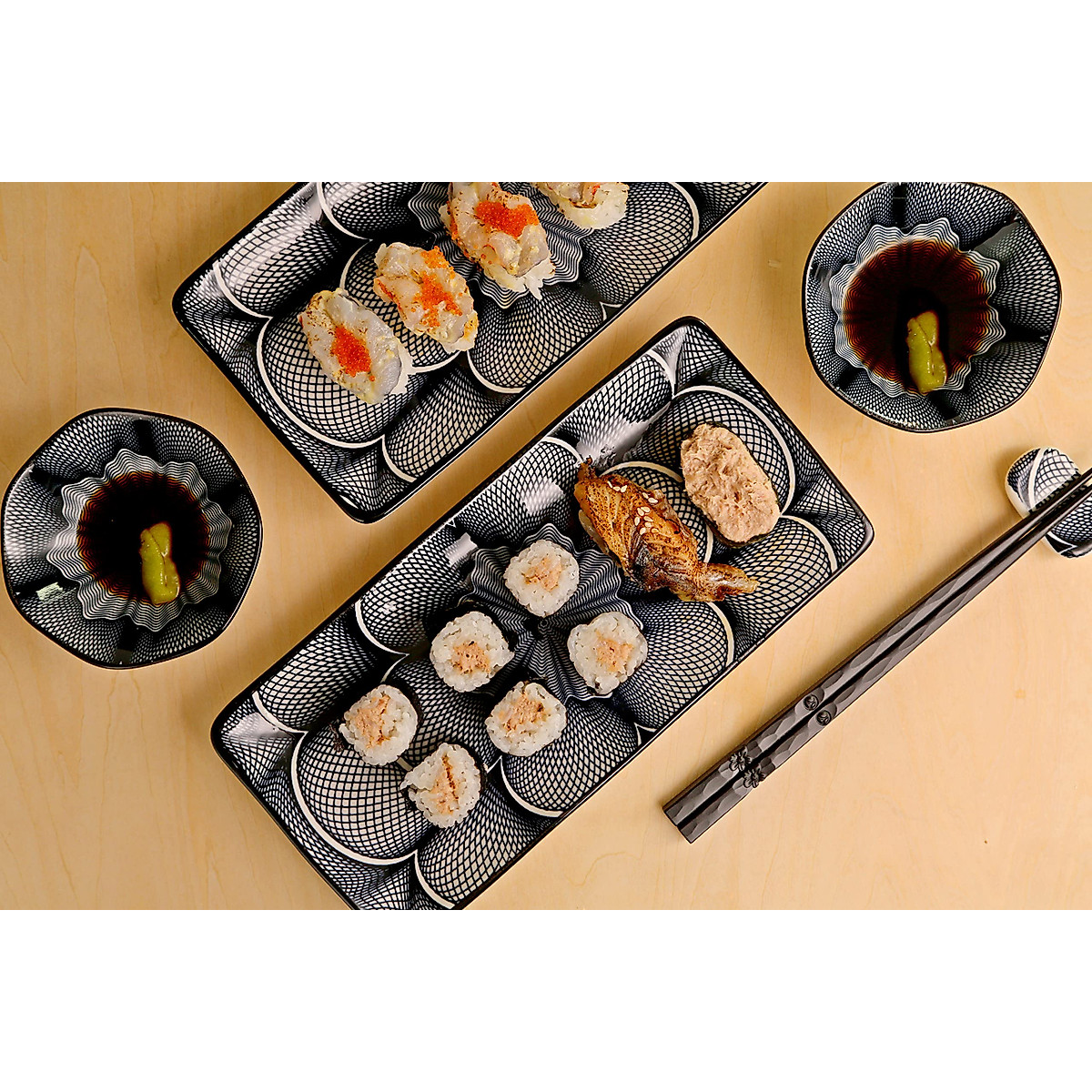 ELUSH 8 Piece Japanese Style Ceramic Sushi Plate Set 10-inch rectangle sushi dishes- 2 Sushi Plates, 2 Sauce Dishes, 2 Pairs of Chopsticks, 2 Chopsticks Holders