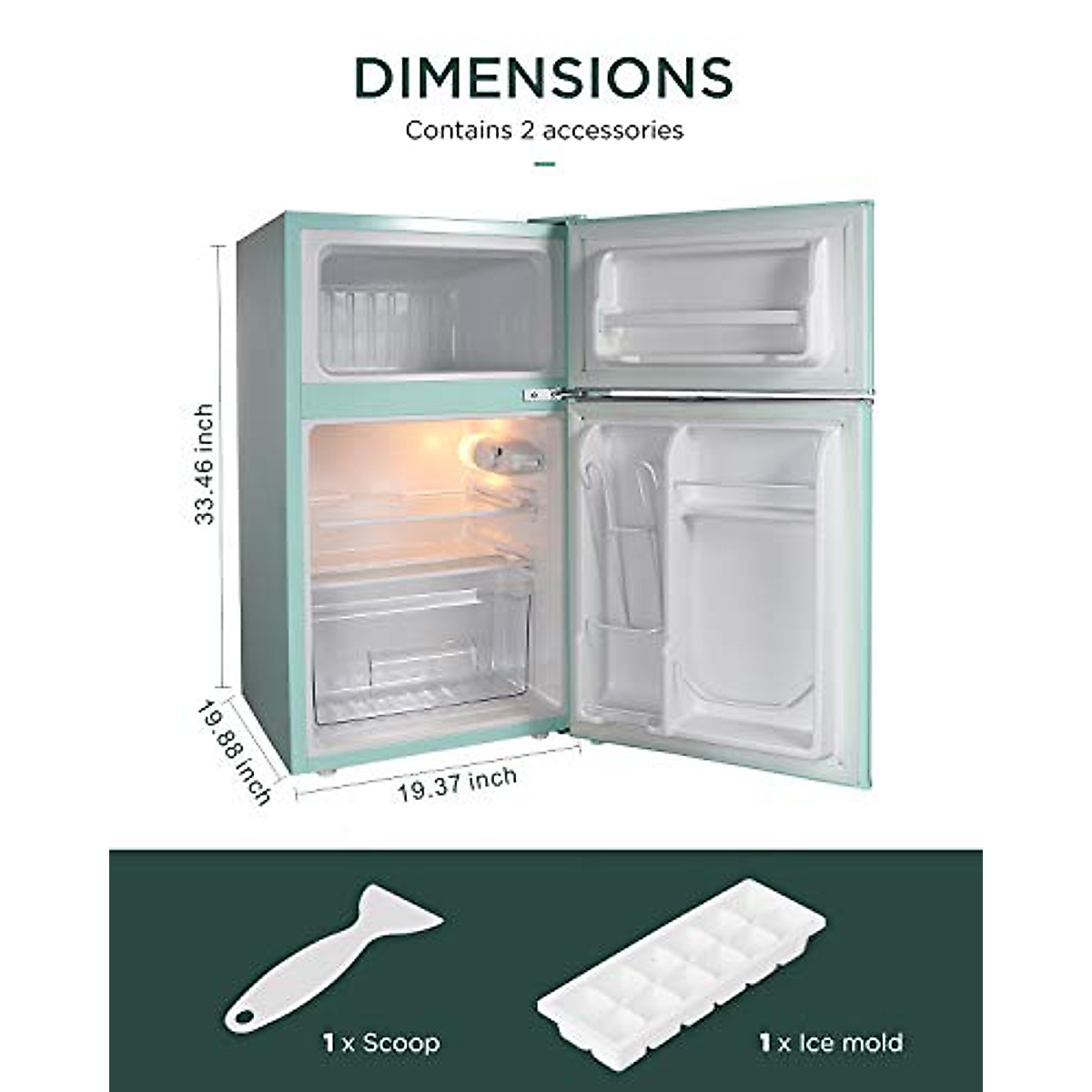 WATOOR 3.2 CU. FT. Mini Refrigerator With Freezer - Removable Glass Shelves and Basket - 7 Temp Setting - Small Drink Food Storage Cooler for Office, Dorm, Apartment, Bedroom, Mint Green