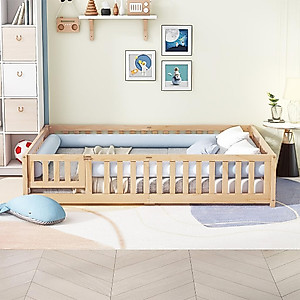 Queen Size Floor Bed for Children, Sturdy Wood Montessori Bed Frame with Fence Railings & Support Slats, Queen Playhouse Beds for Girls and Boys, Door Can Install Left and Right, No Box Spring Needed,